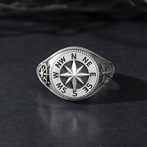 Silver Sailor Man's Compass Ring, Ship Wheel Ring, Anchor Ring, Nautical Compass Ring, Gift ...
