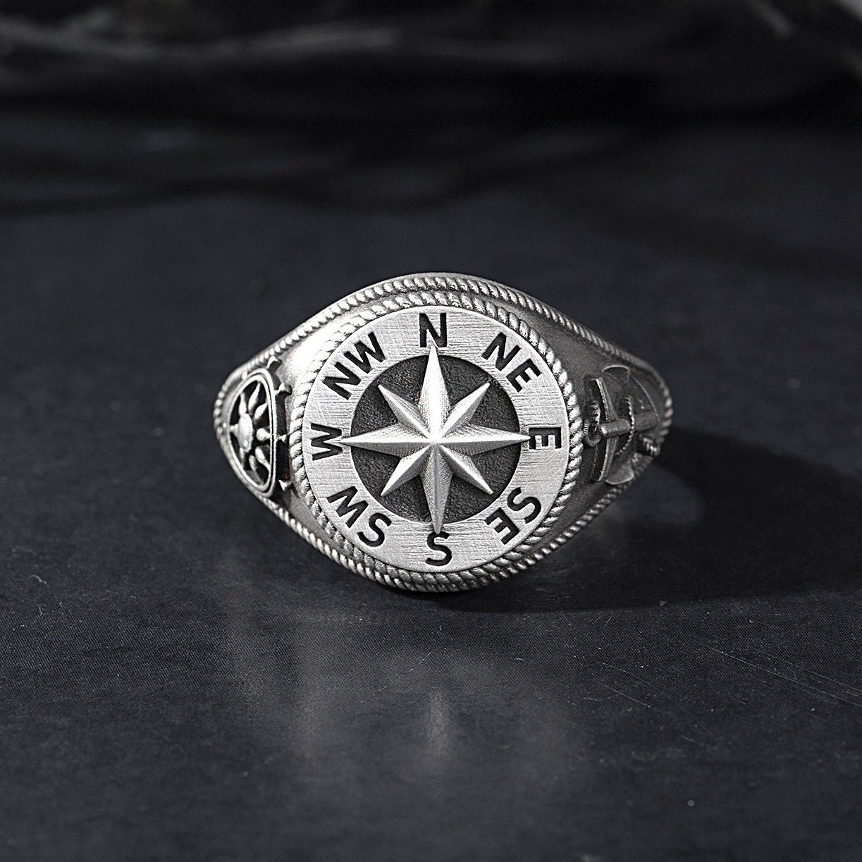 Silver Sailor Man's Compass Ring, Ship Wheel Ring, Anchor Ring ...