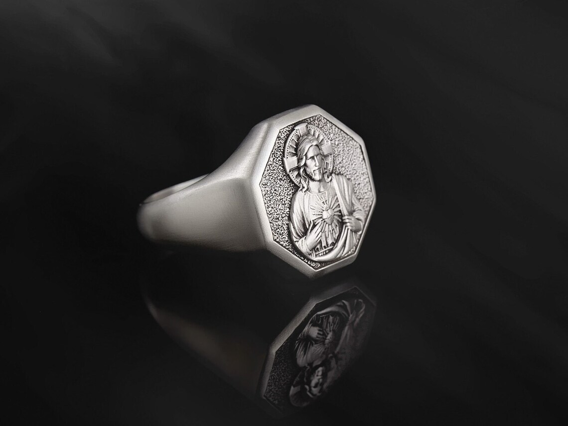 Jesus With Sacred Heart Silver Men Ring Savior Messiah Ring - Etsy