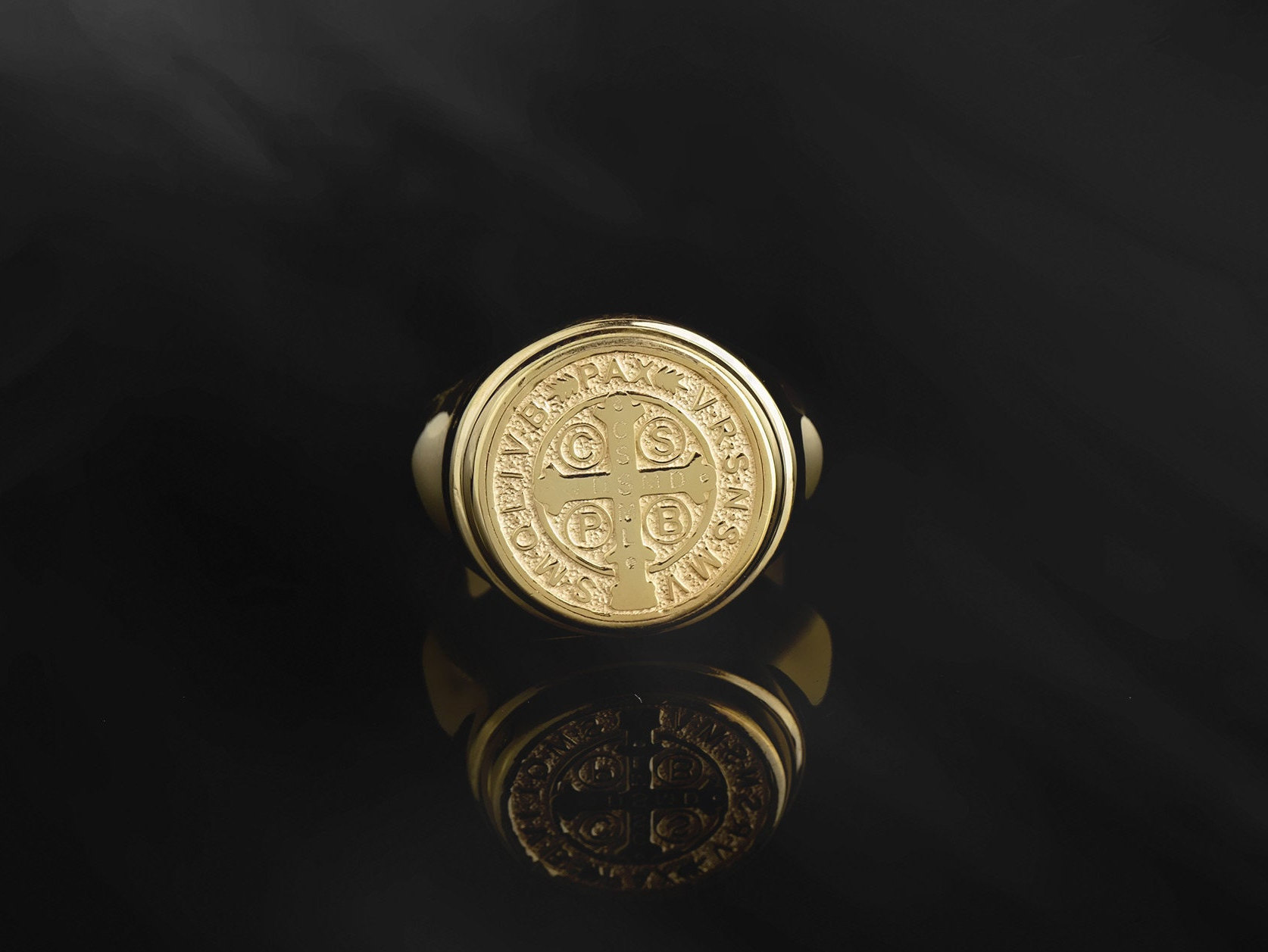 Solid Gold St Benedict Medal Ring, Religious Men's Jewelry, 14K Gold ...