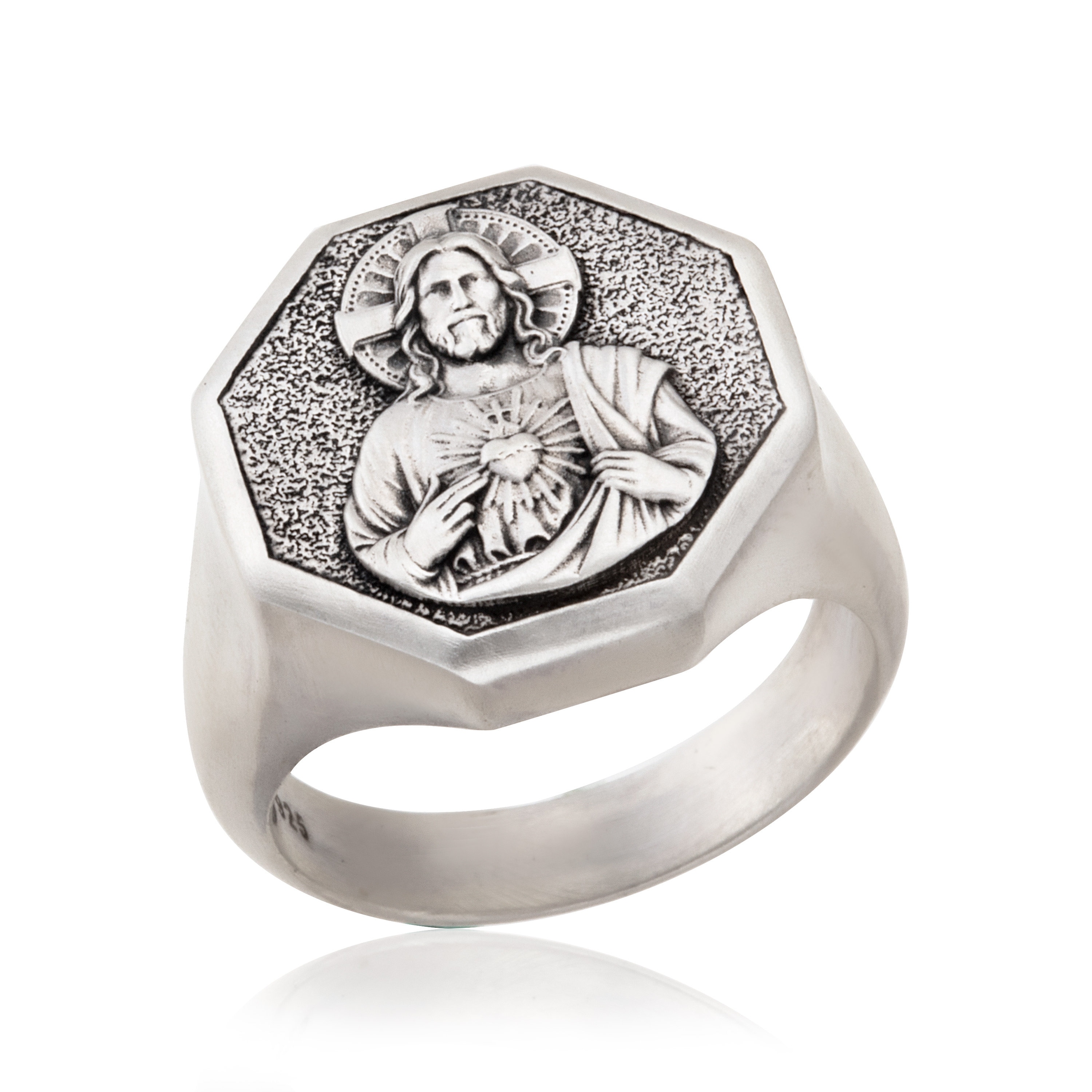 Jesus With Sacred Heart Silver Men Ring, Savior Messiah Ring, Religious ...