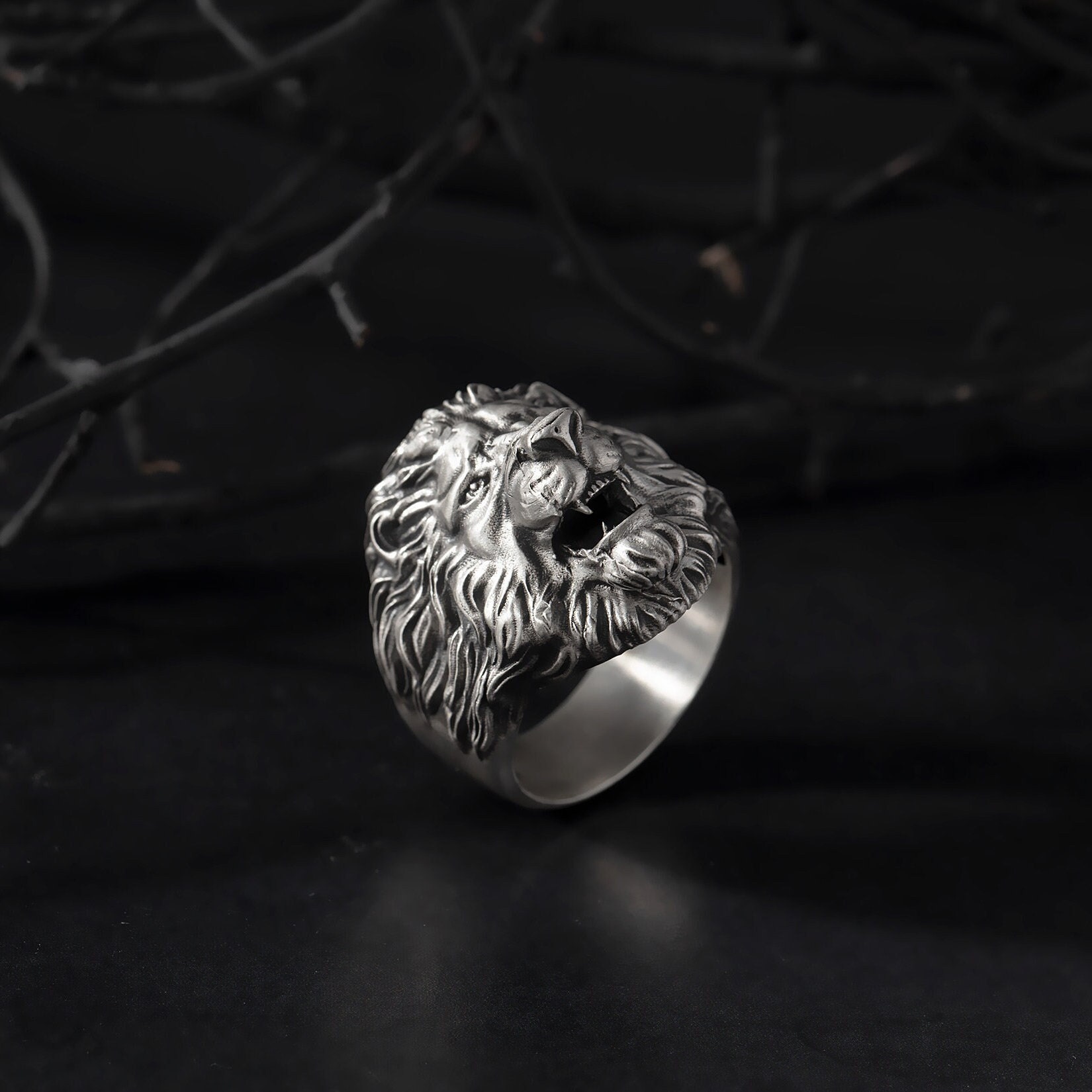 Solid Silver Lion Head Ring, Wild African Lion Ring, Mens Statement ...