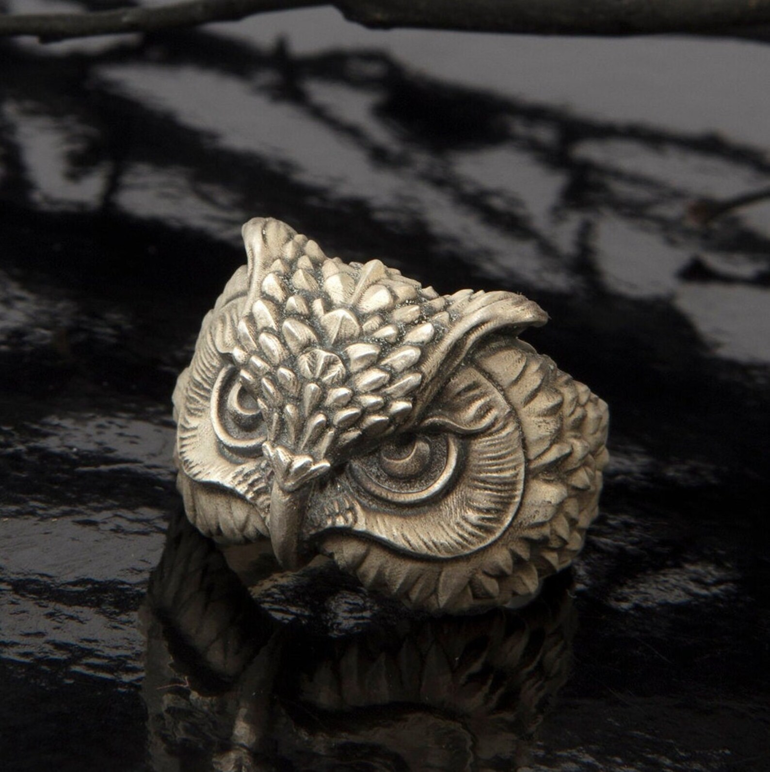 Sterling Silver Owl Ring, Unisex Signet, Oxidized Animal Jewelry - Etsy