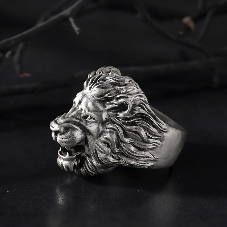 Solid Silver Lion Head Ring, Wild African Lion Ring, Mens Statement ...
