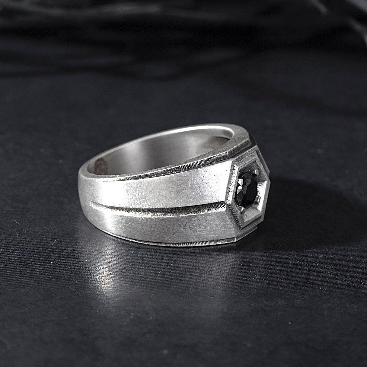 Men's Black Diamond Wedding Silver Rings Signet Rings - Etsy
