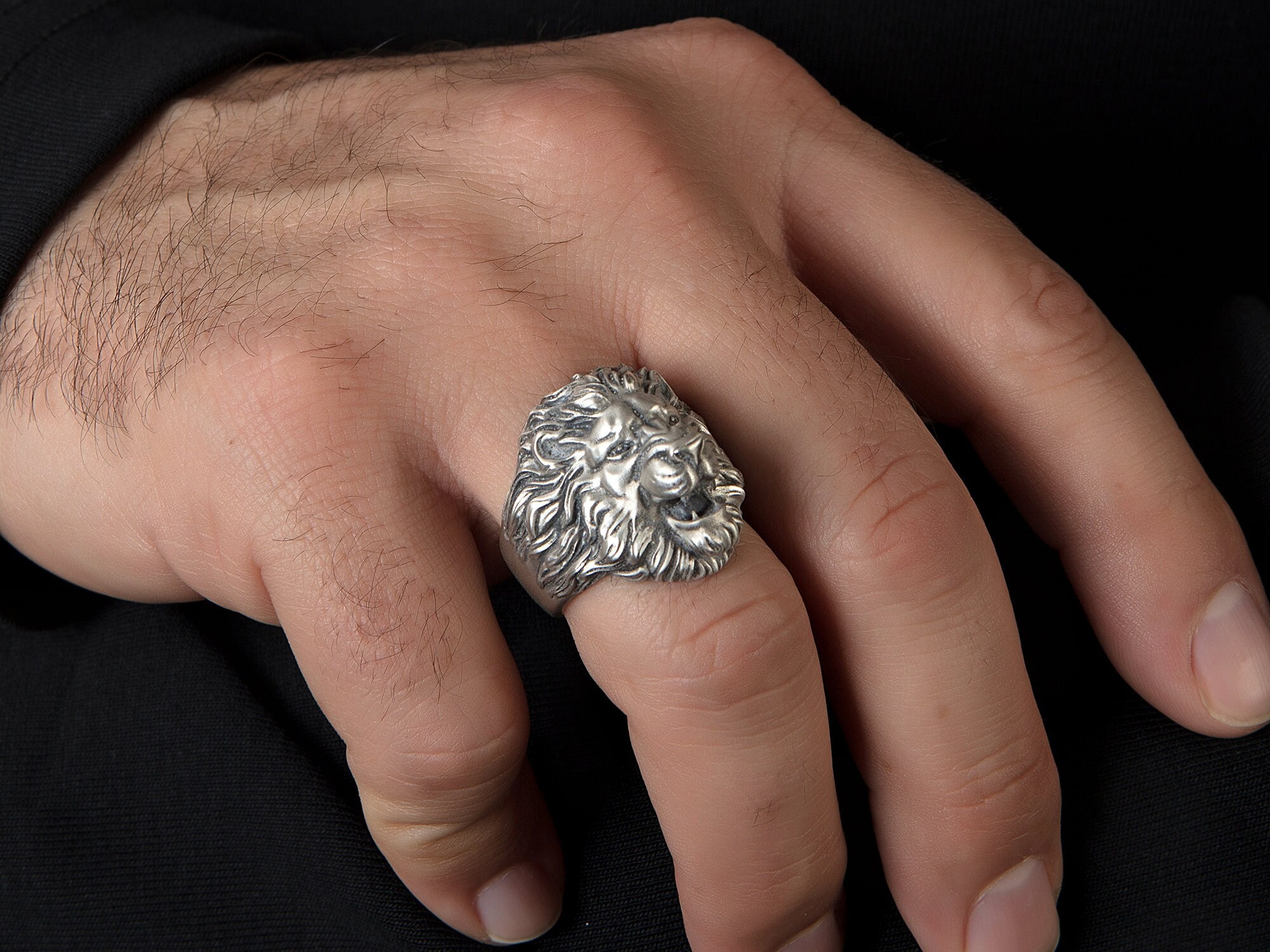 Oxidized Sterling Silver Lion Head Ring, Men's Statement Ring - Etsy
