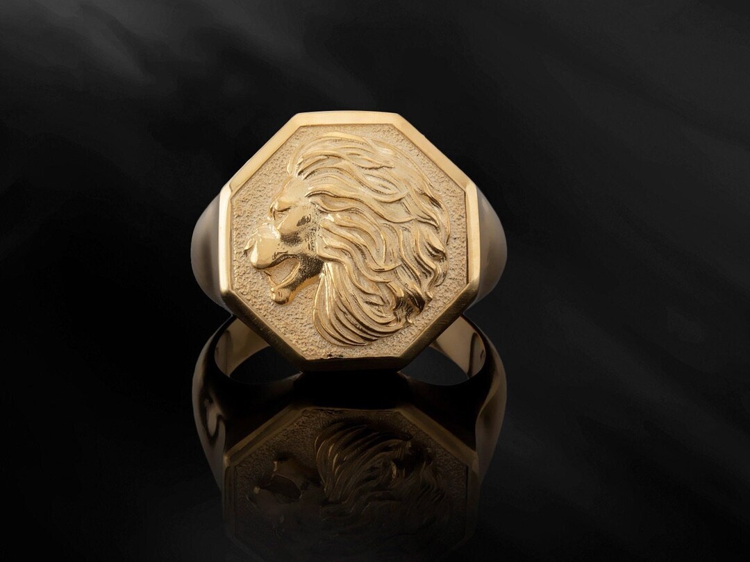 Solid Gold Lion Head Rings, 14K Gold Wild Lion Signet Ring, Gifts for ...