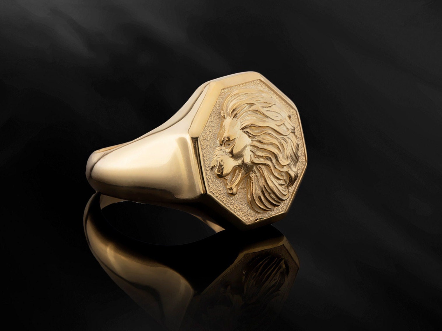 Solid Gold Lion Head Rings, 14K Gold Wild Lion Signet Ring, Gifts for ...