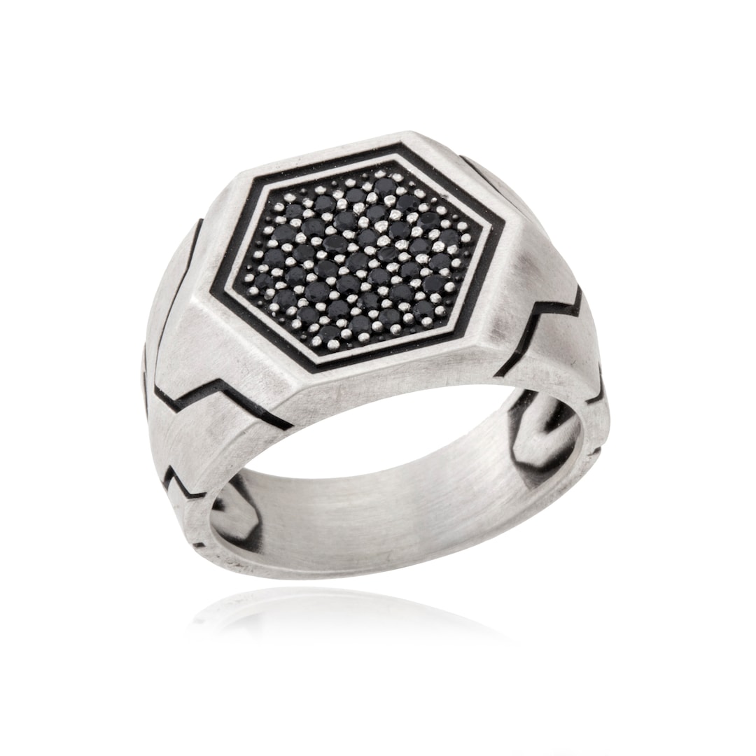 Modern Diamond Signet Men Ring, Black Diamond Rings, Silver Man Rings ...
