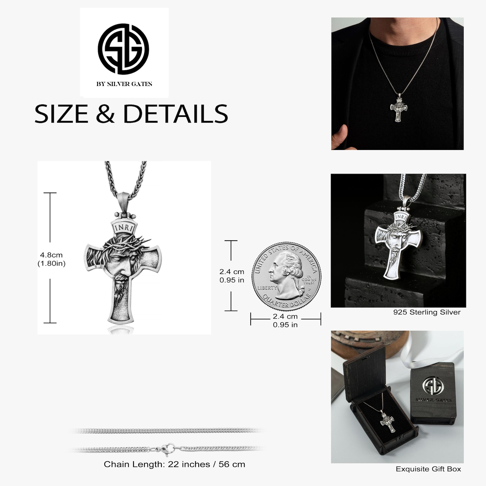 Sterling Silver Jesus Crucifix Cross Pendant Necklace, Religious ...