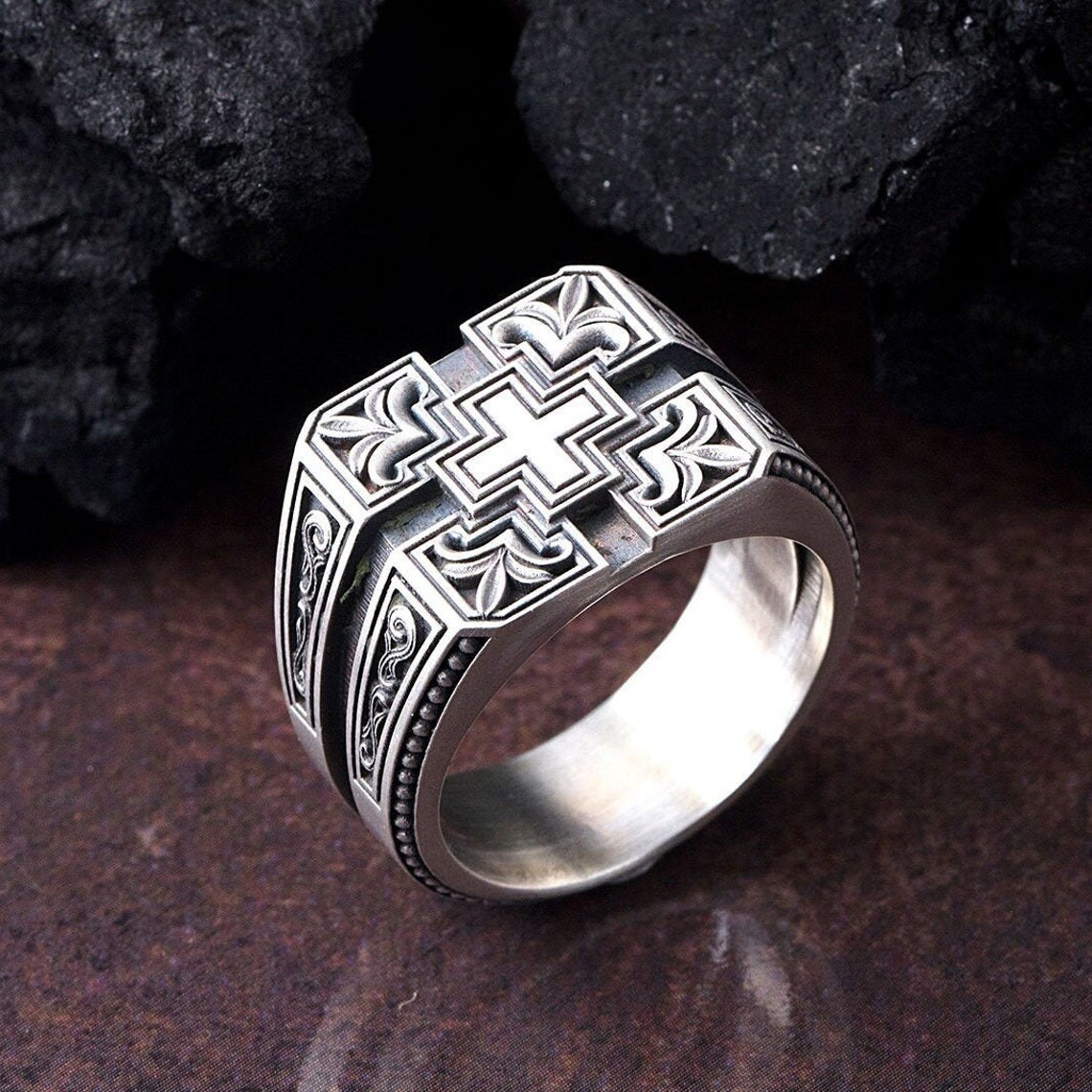 Men's Silver Cross Ring Crucifix Signet Rings Christian - Etsy