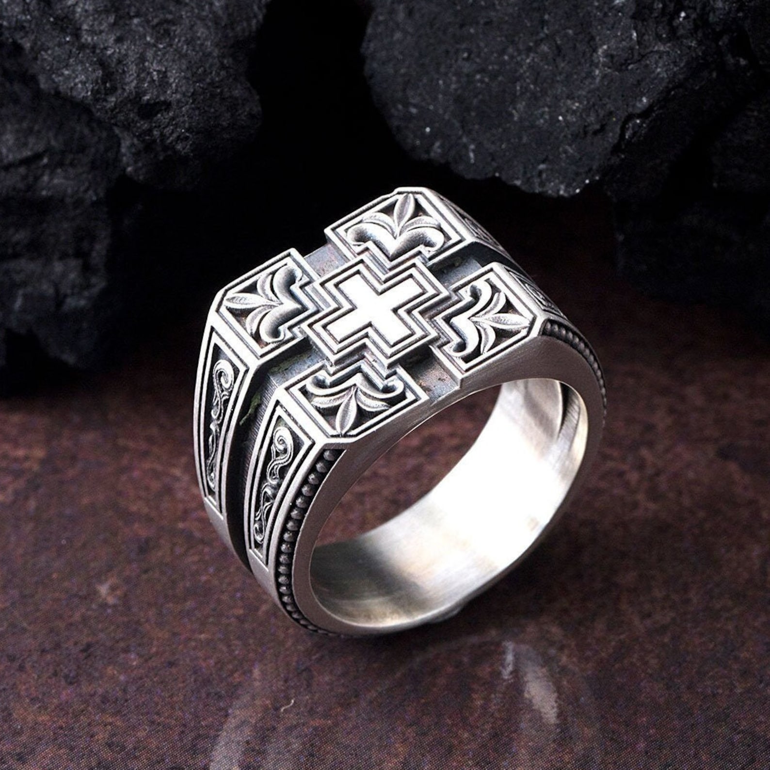 Men's 925 Sterling Silver Cross Ring, Christian Signet Ring - Etsy