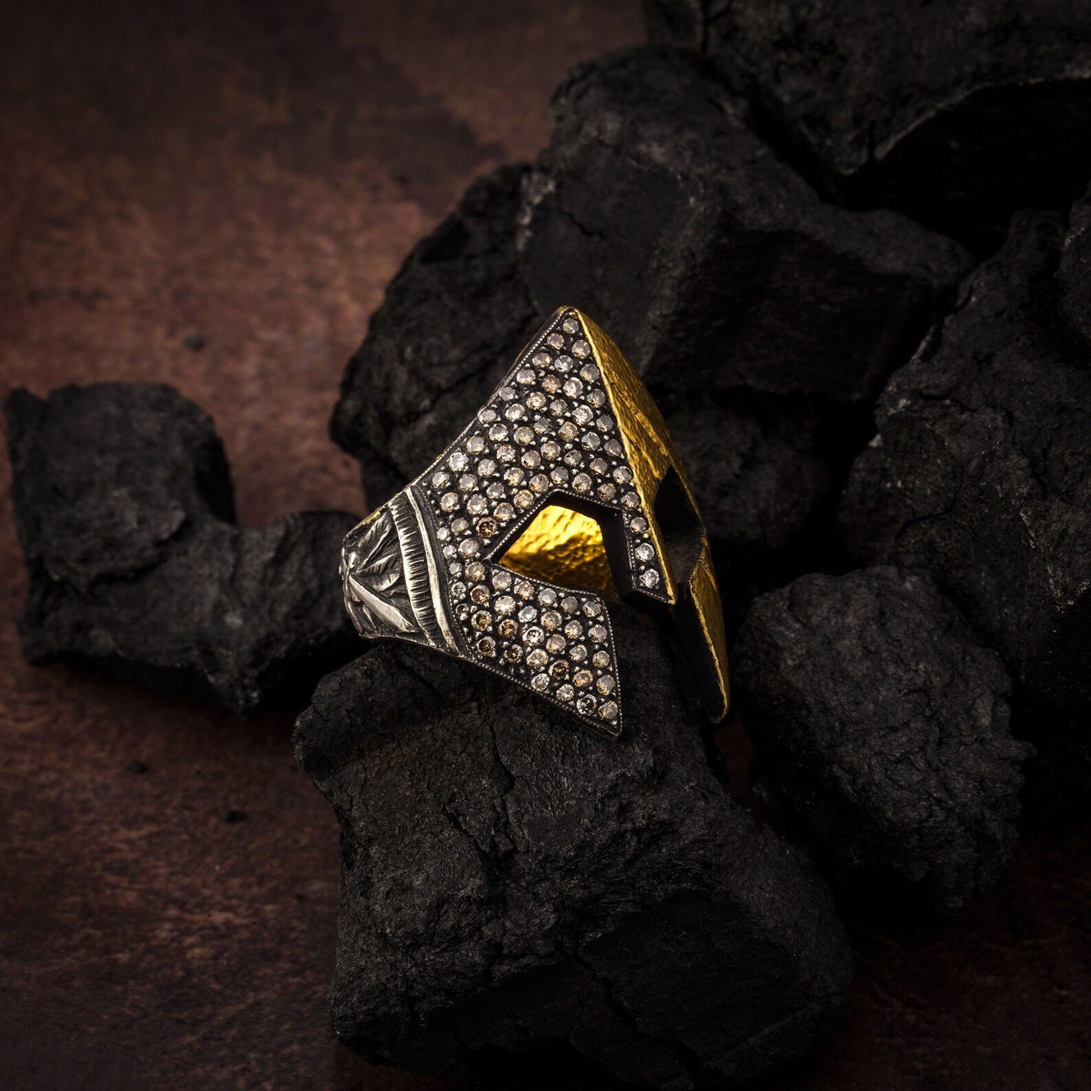 24K Gold Spartan Helmet Ring, Brown Diamond Sterling Silver - Etsy