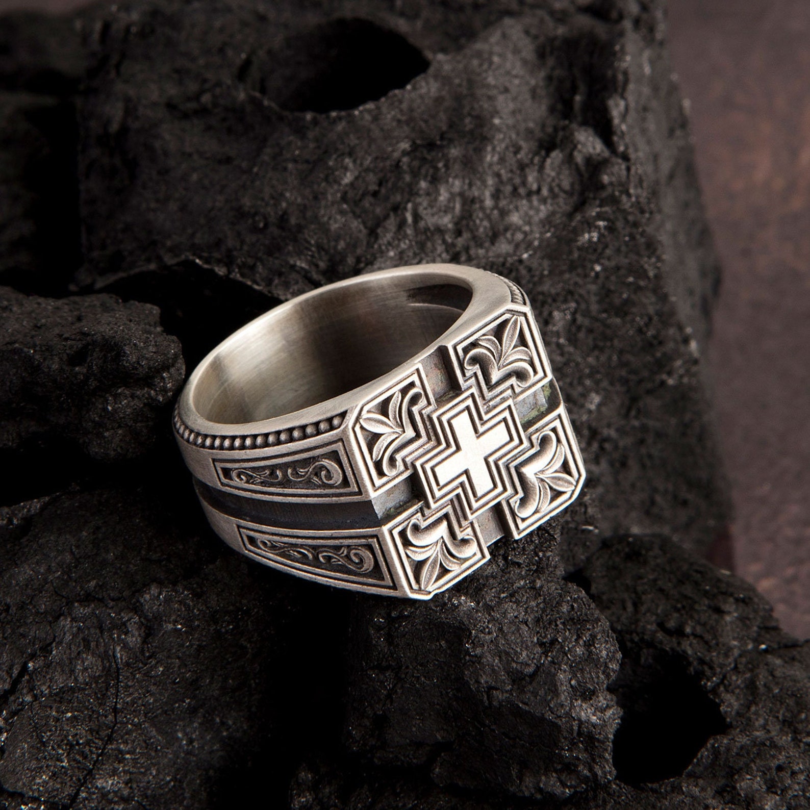 Men's Silver Cross Ring Crucifix Signet Rings Christian - Etsy