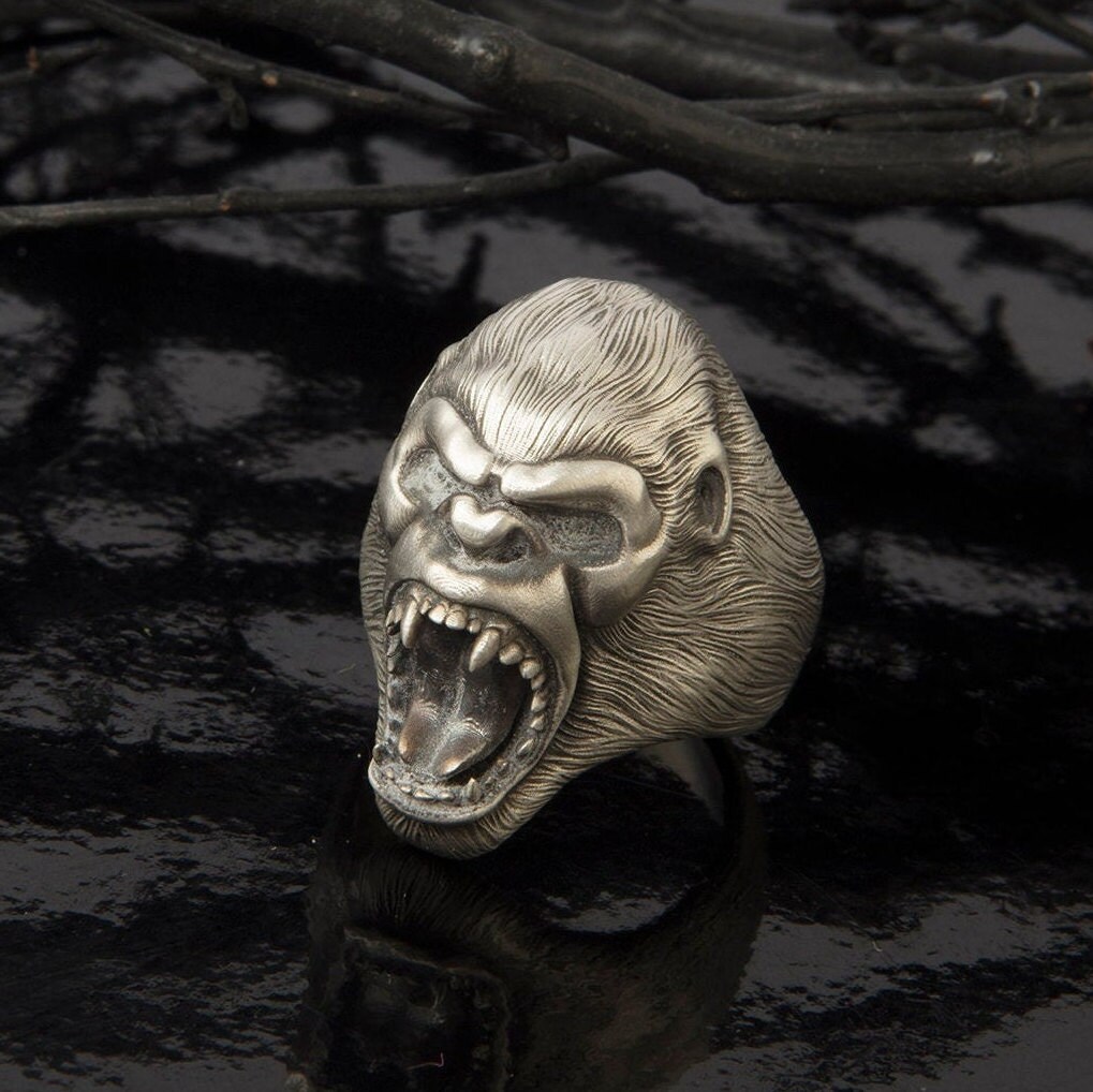 Solid Silver Gorilla Rings, Wild Gorilla Head Ring, King Kong Monkey ...