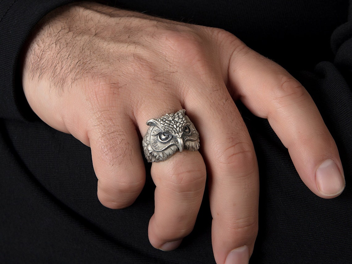 Sterling Silver Owl Ring, Unisex Signet, Oxidized Animal Jewelry - Etsy