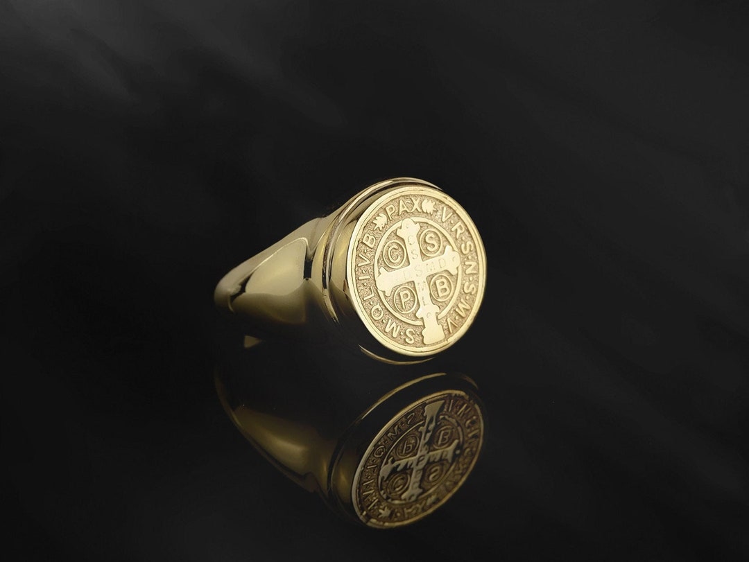 Solid Gold St Benedict Medal Ring, Religious Men's Jewelry, 14K Gold ...