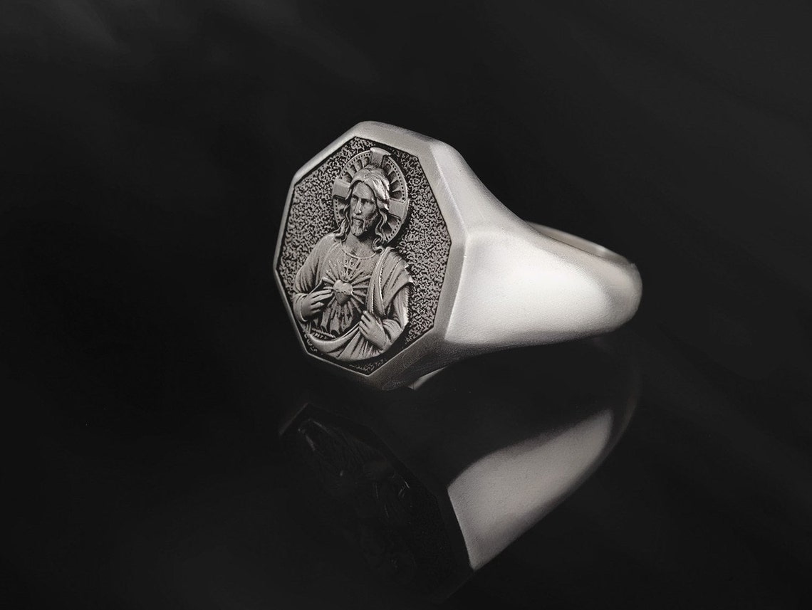 Jesus With Sacred Heart Silver Men Ring, Savior Messiah Ring, Religious ...