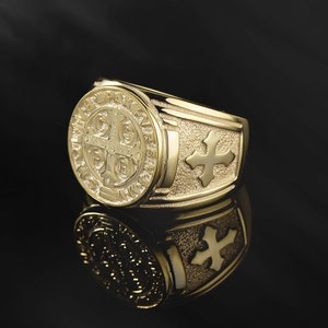 14K Gold St Benedict Medal Cross Ring, Religious Catholic Ring for Men ...