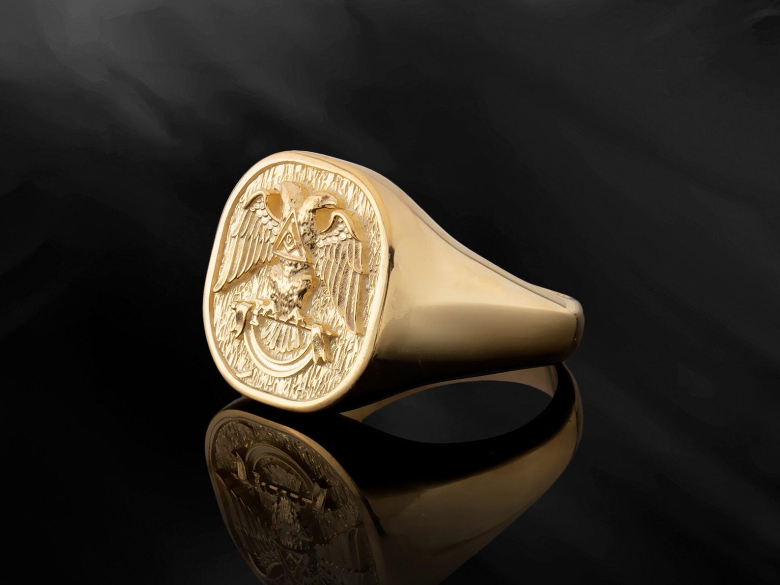 18K Gold Signet Master Mason Men Ring, Solid Gold Freemason Ring ...