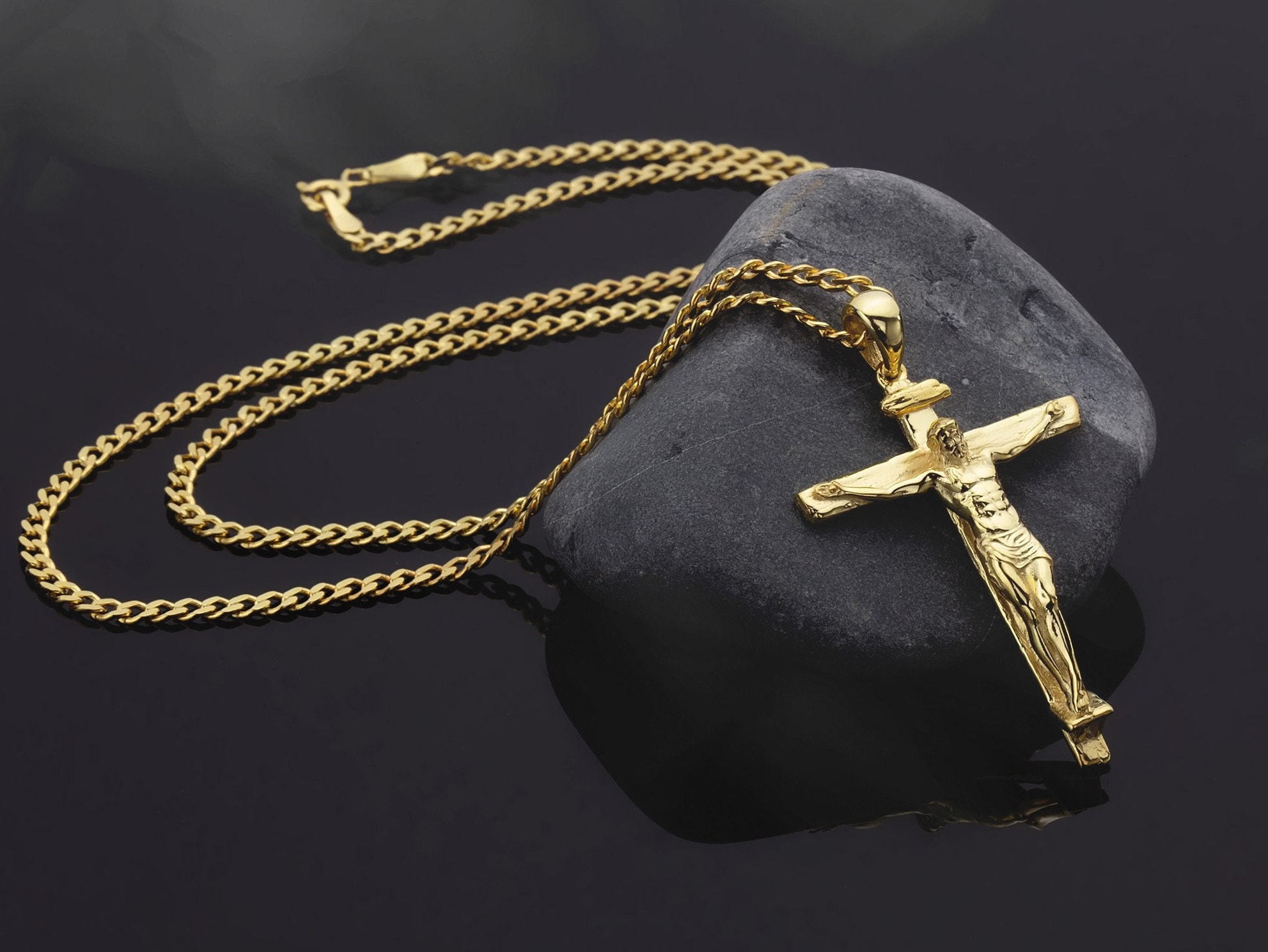 Solid Gold Crucifix Pendant With Gourmet Chain 14K Gold Jesus - Etsy