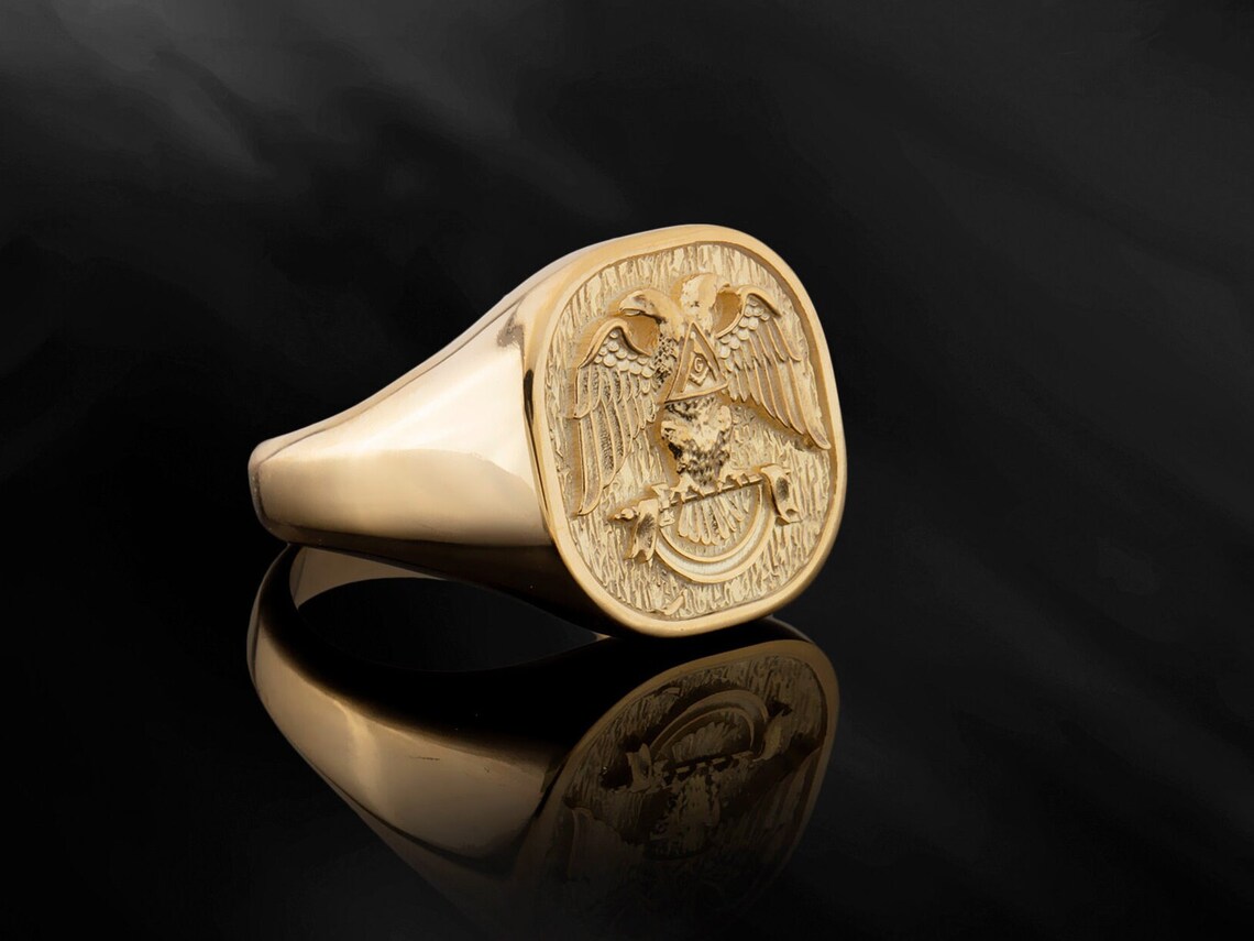 18K Gold Signet Master Mason Men Ring, Solid Gold Freemason Ring ...