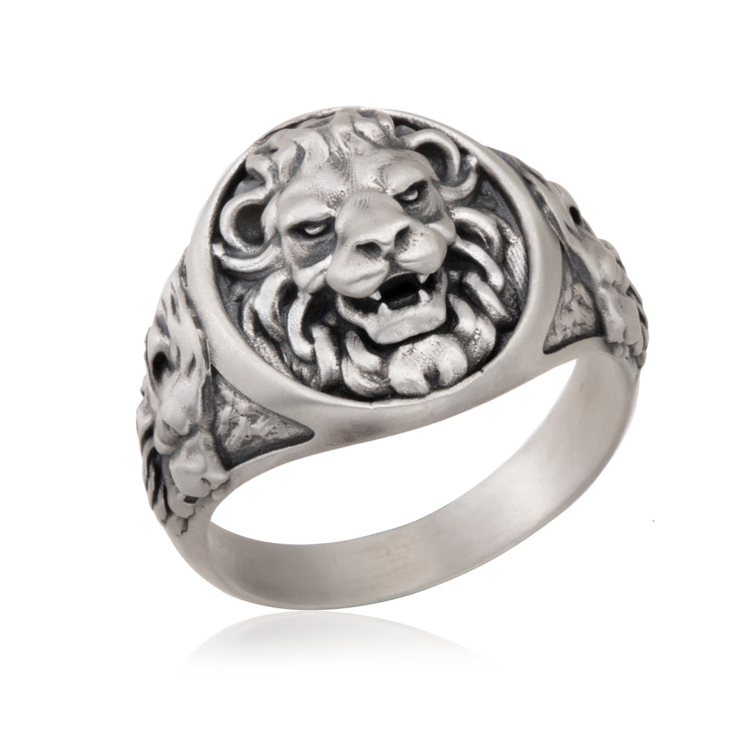 Silver Lion Signet Ring, Men's Signet Ring, Oxidized Lion Head Ring ...