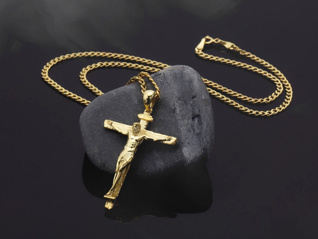 Solid Gold Crucifix Pendant With Gourmet Chain, 14K Gold Jesus Cross ...