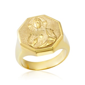 14K Solid Gold Jesus With Sacred Heart Ring, Christian Religious Men's ...