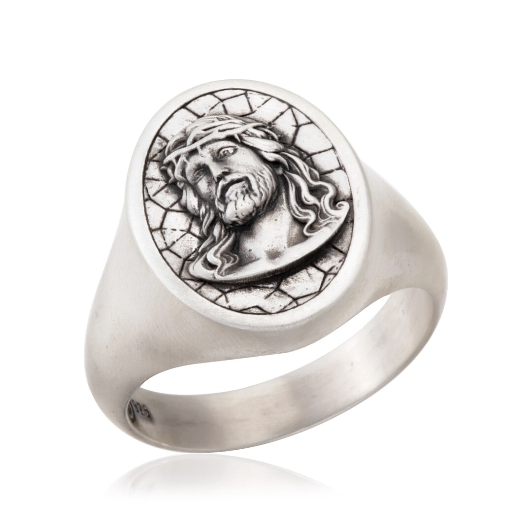 925 Sterling Silver Jesus Signet Ring, Men's Religious Statement Ring ...