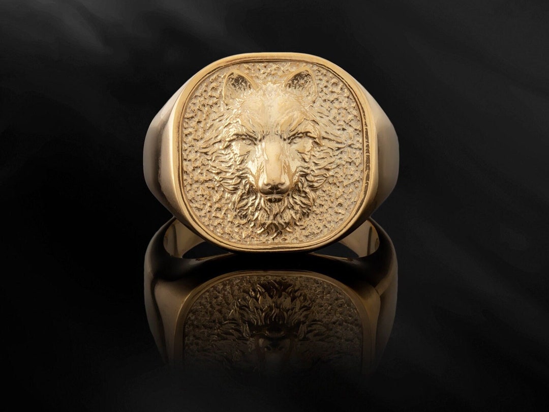 10K Solid Gold Alfa Wolf Head Ring, 14K Wild Wolf Statement Ring, Gift ...