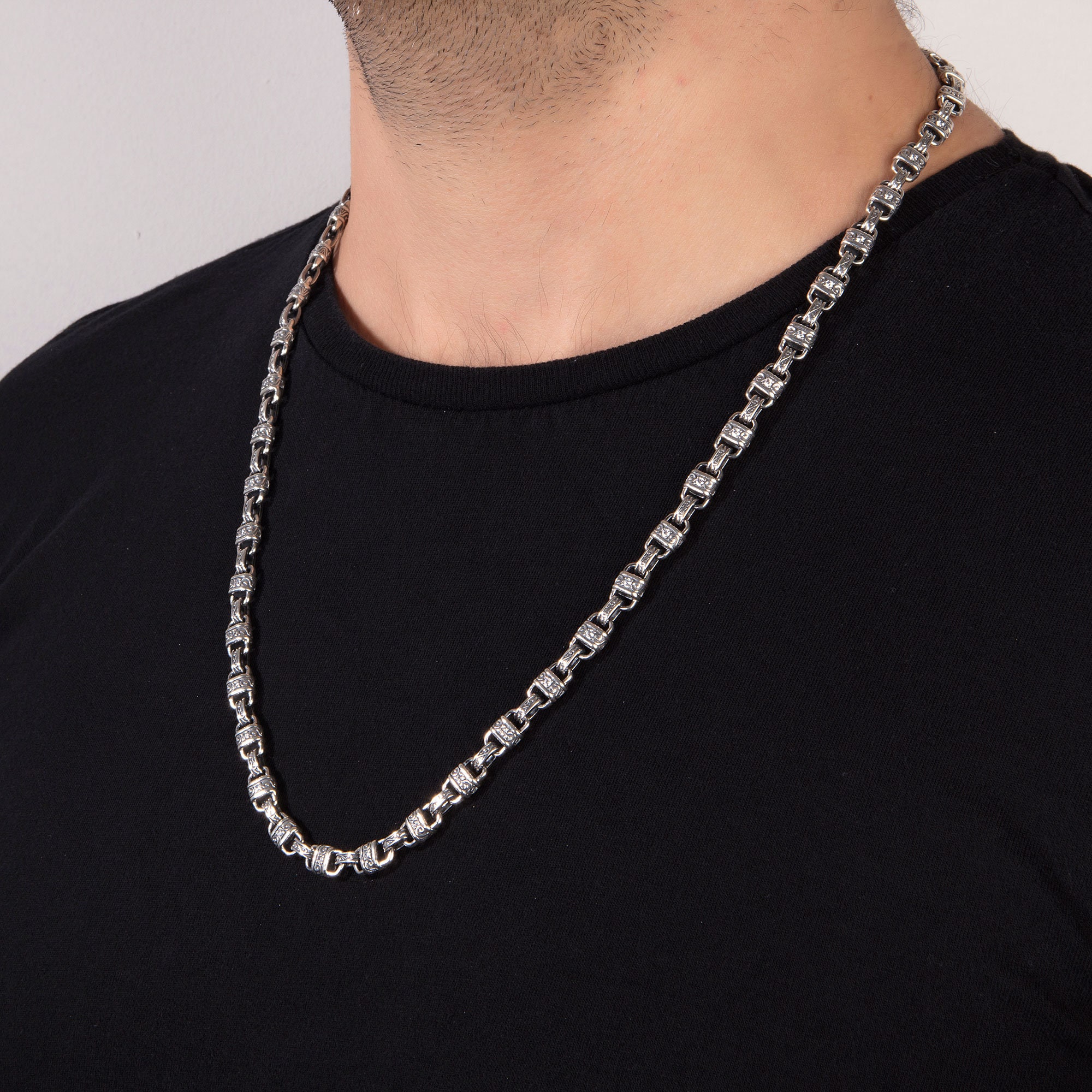 Silver Chunky Chain, Byzantine Chain, Handmade Engraved Chain Necklace ...