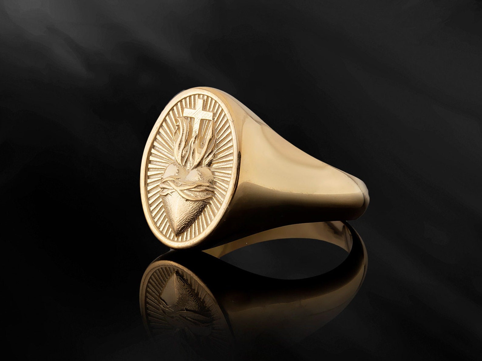 14K Gold Sacred Heart Signet Man Ring 18K Crucifix Statement - Etsy