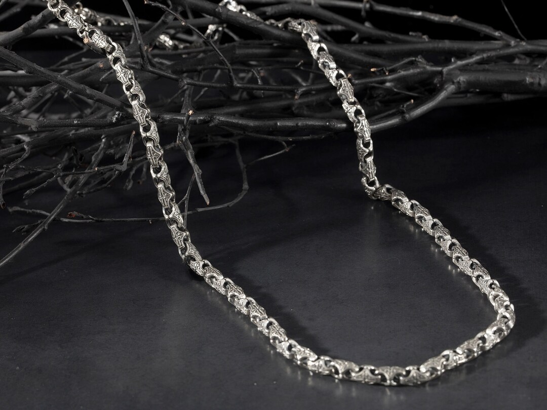 Sterling Silver Handmade Engraved Chain Necklace, Men's Byzantine ...