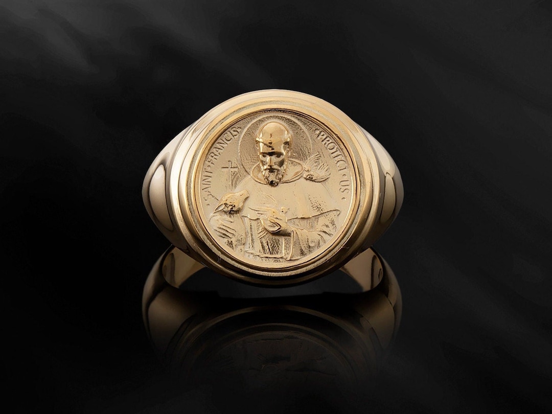 14K Solid Gold Saint Francis Ring, 18K Religious Statement Ring ...