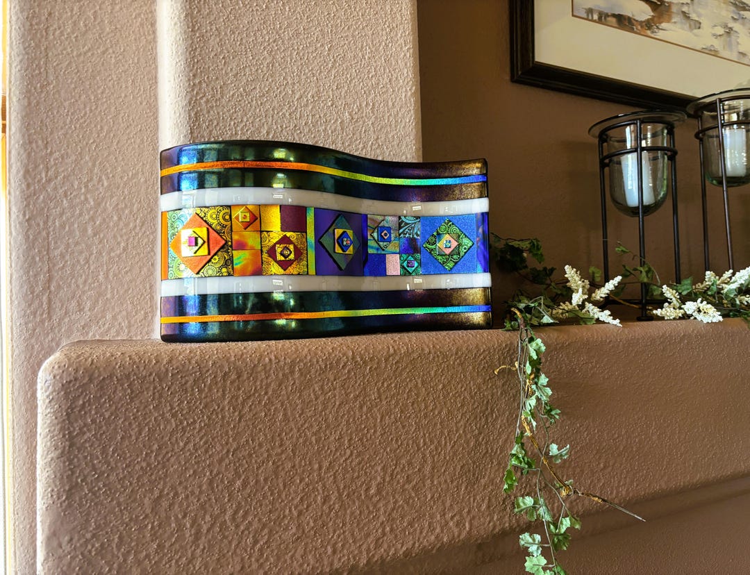 Large Geometric Dichroic Fused Glass Wave From Cool to Hot Colors (14 X ...