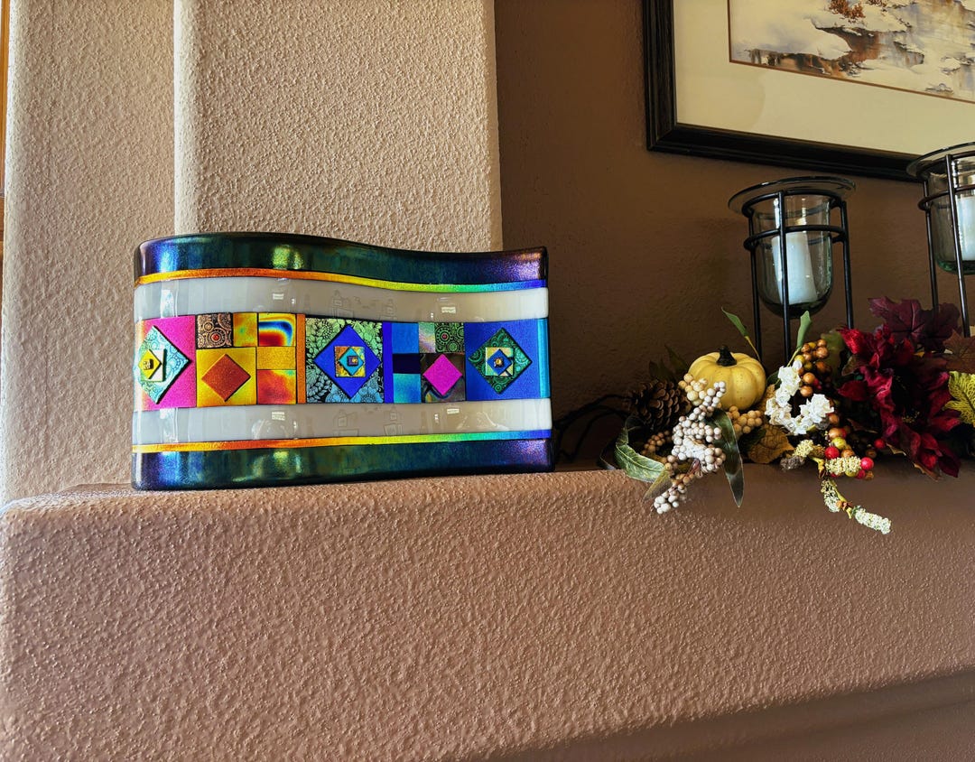 Geometric Dichroic Fused Glass Wave From Cool to Hot Colors 14 X 7.25 ...