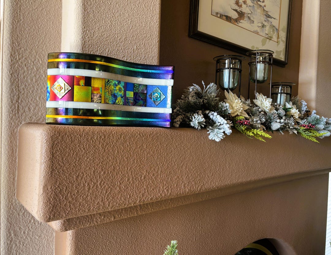 Geometric Dichroic Fused Glass Wave From Cool to Hot Colors 14 X 7.25 ...