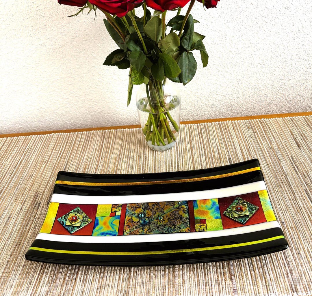 Dichroic Fused Glass Abstract 3-D Large Tray W Fibonacci Ratio Pyramids ...