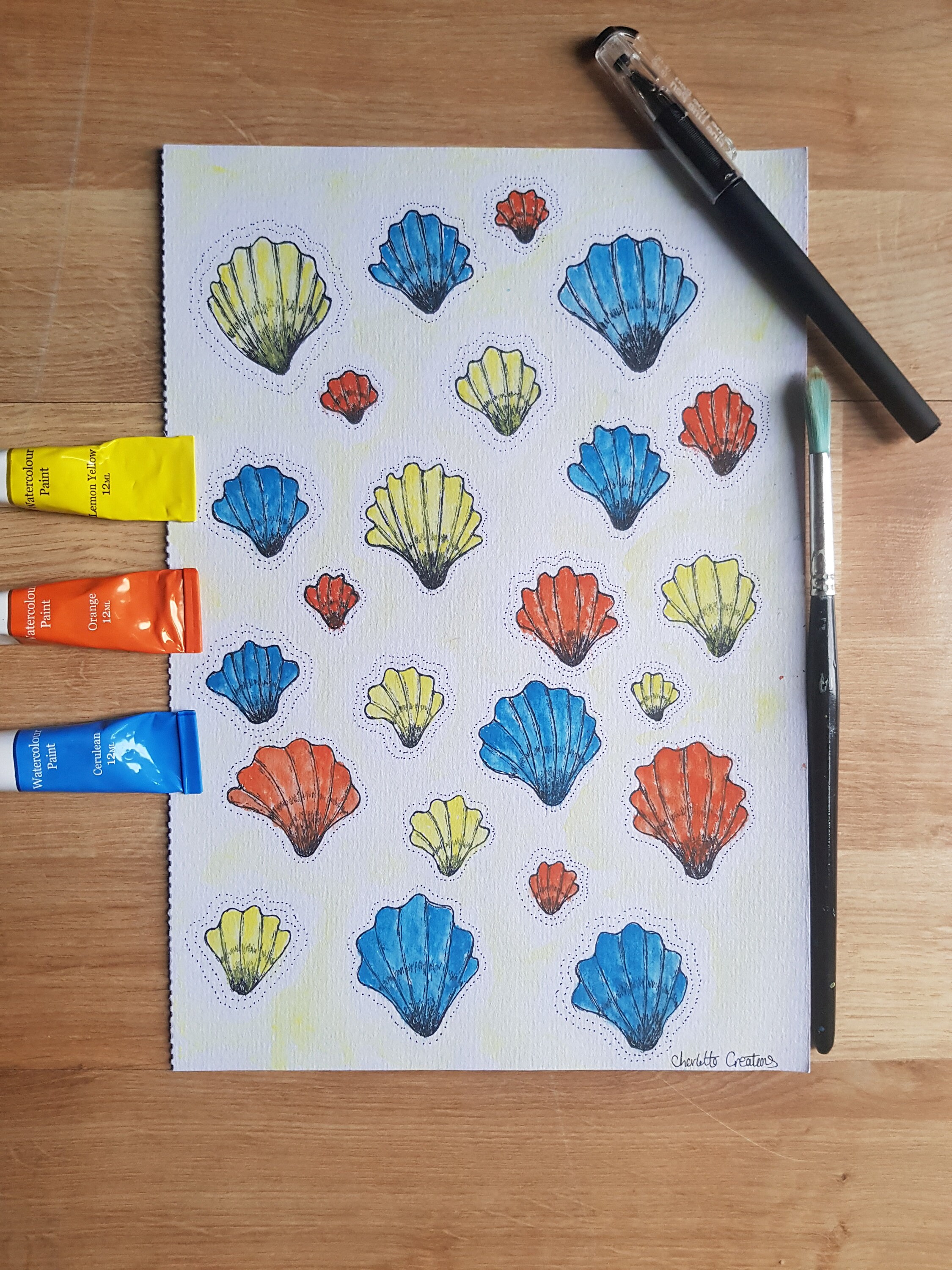 Colourful Shell art Watercolour painting A4 mounted wall - Etsy.de