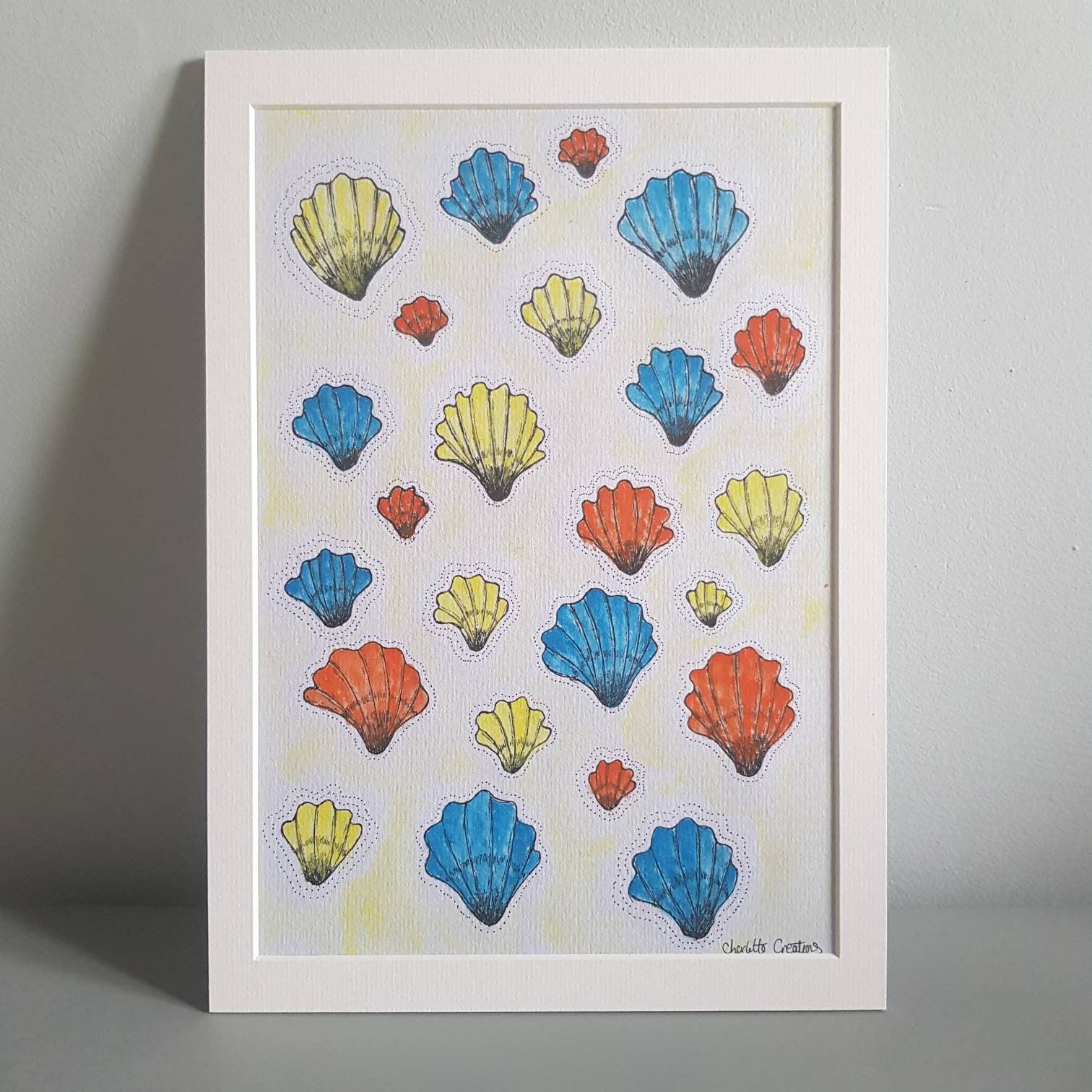 Colourful Shell art Watercolour painting A4 mounted wall - Etsy.de