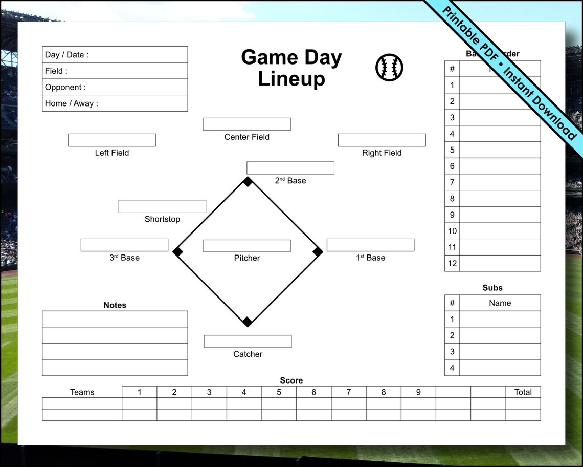 Baseball Game Day Lineup Form Printable PDF Instant - Etsy