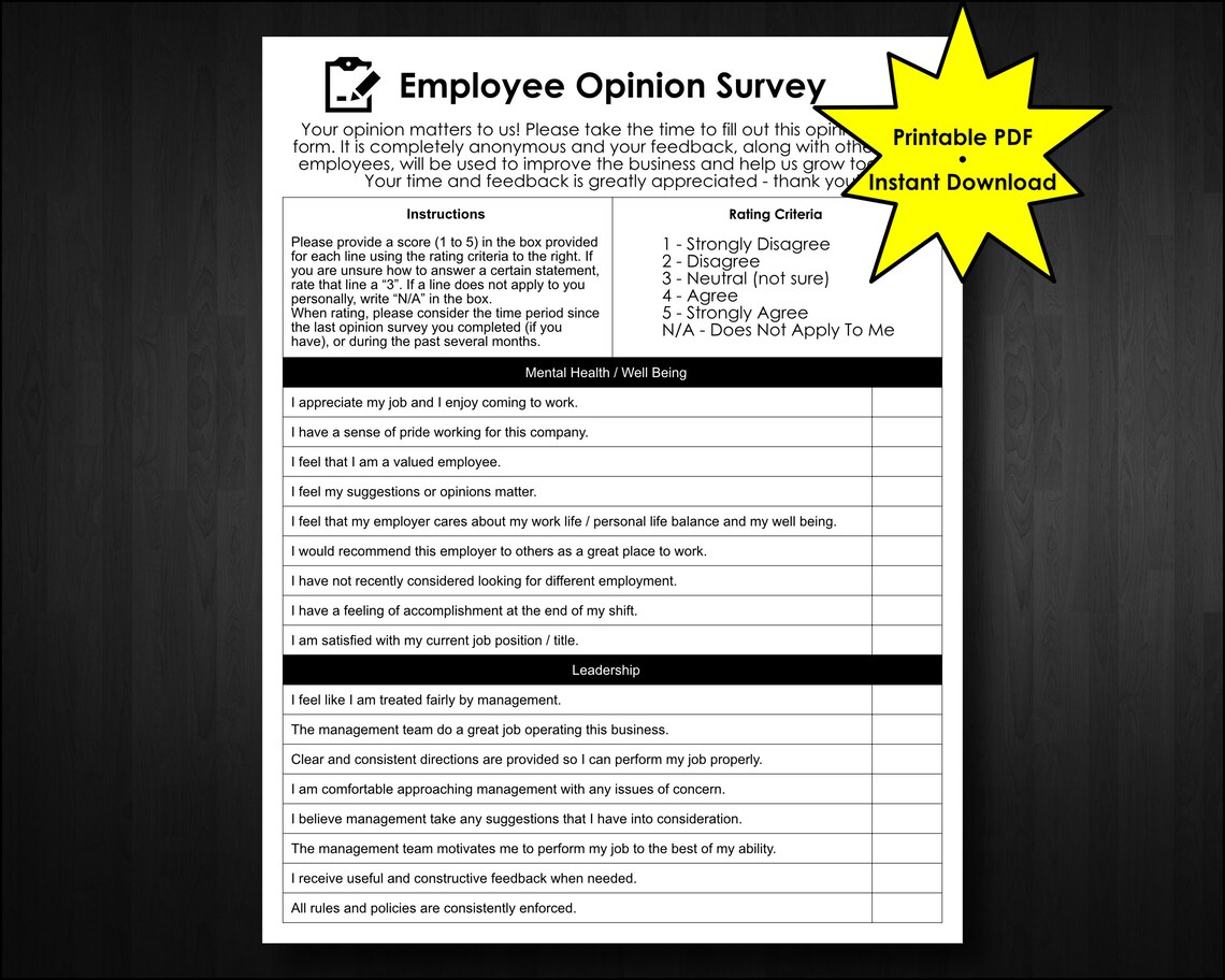 Employee Opinion Survey Form Printable PDF Instant Digital Download - Etsy