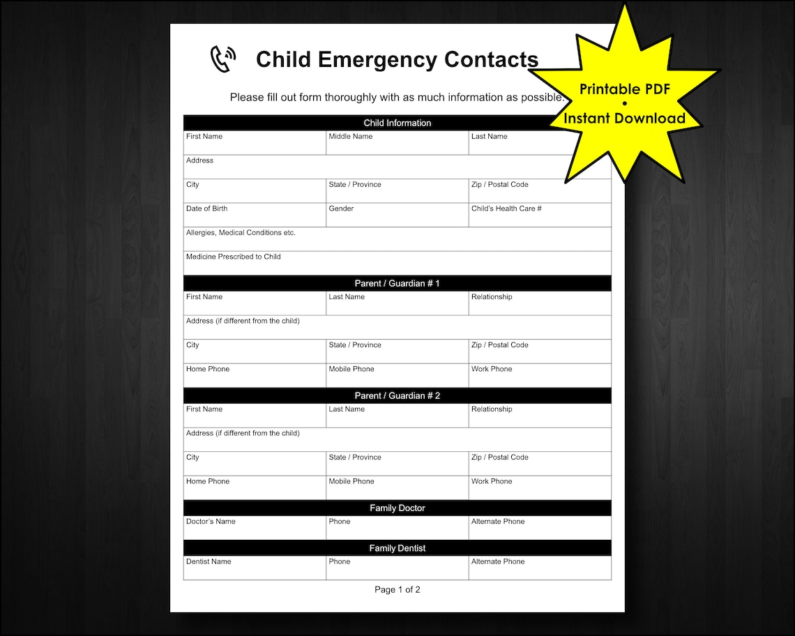 Child Emergency Contacts Form | Printable PDF | Instant Digital ...