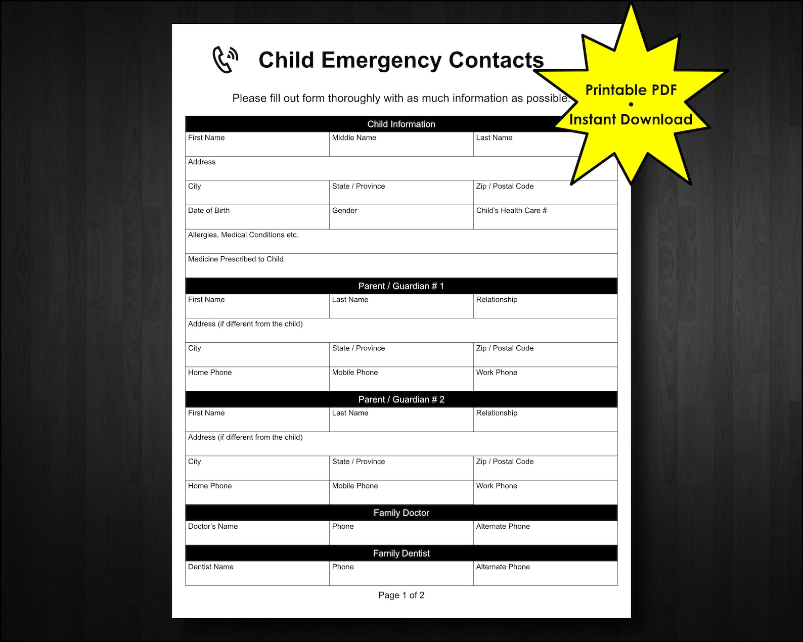 Child Emergency Contacts Form | Printable PDF | Instant Digital ...