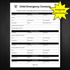 Child Emergency Contacts Form | Printable PDF | Instant Digital ...
