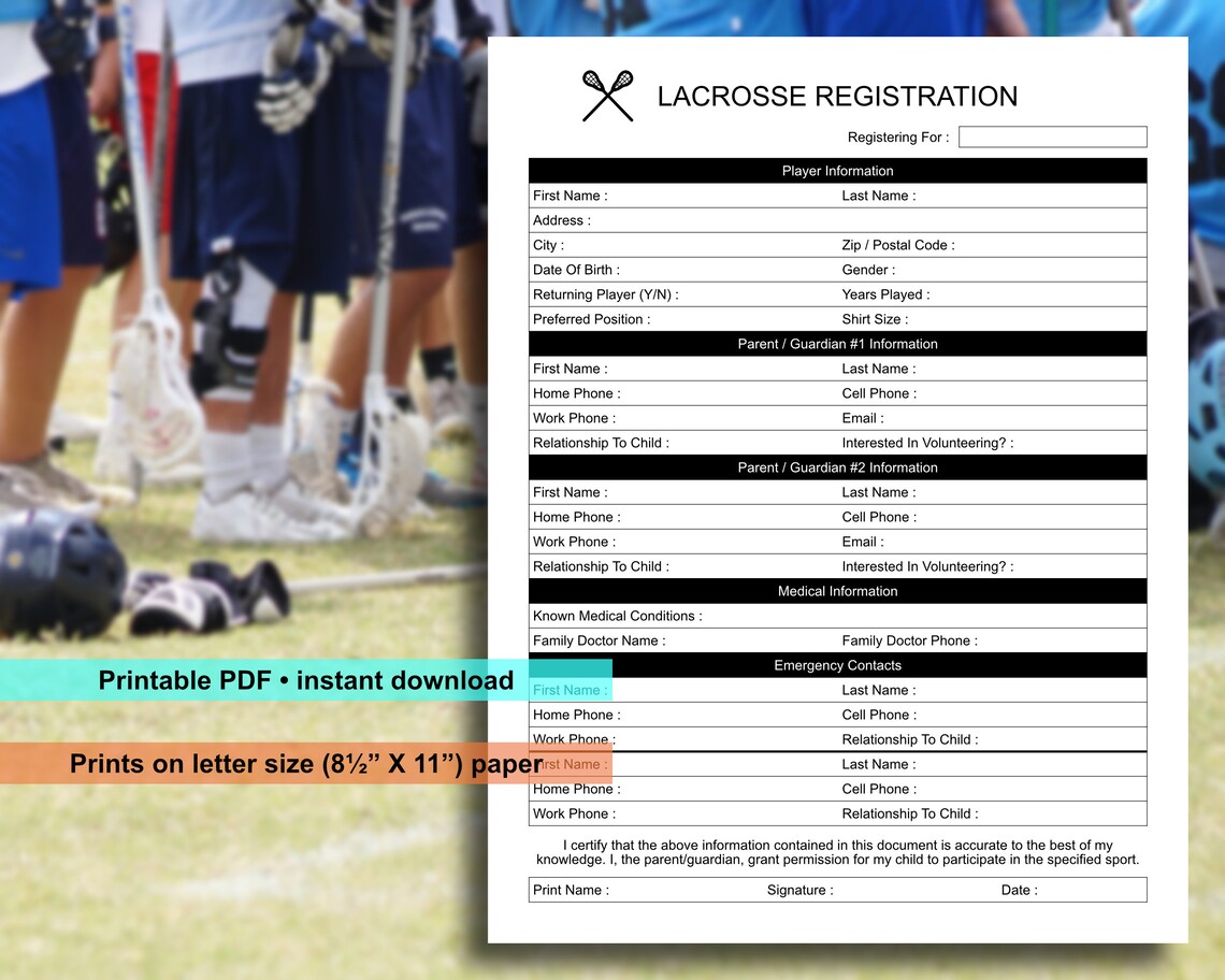 Lacrosse Registration Form Printable PDF Instant Download - Etsy