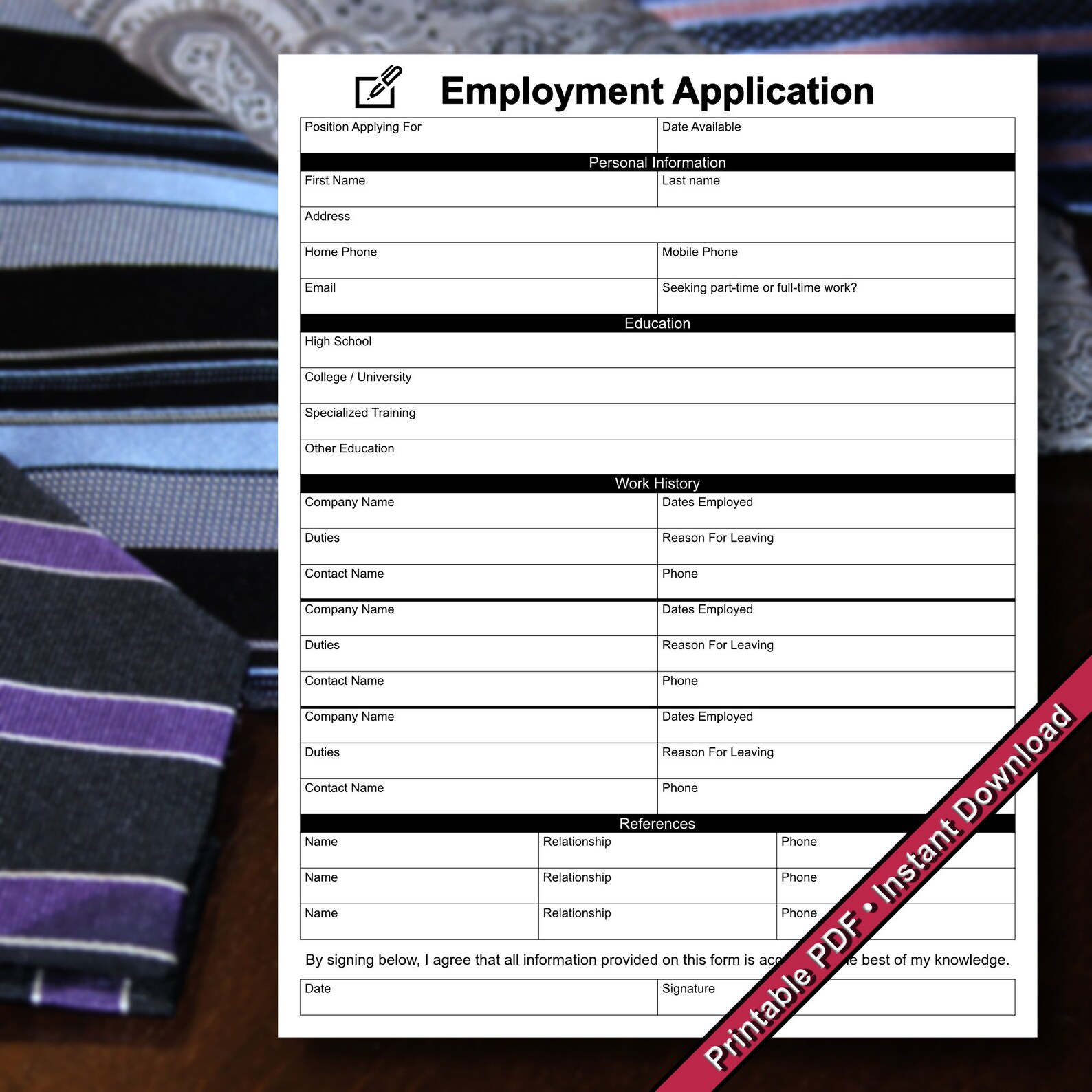 Employment Application Form | Printable PDF | Instant Digital Download ...