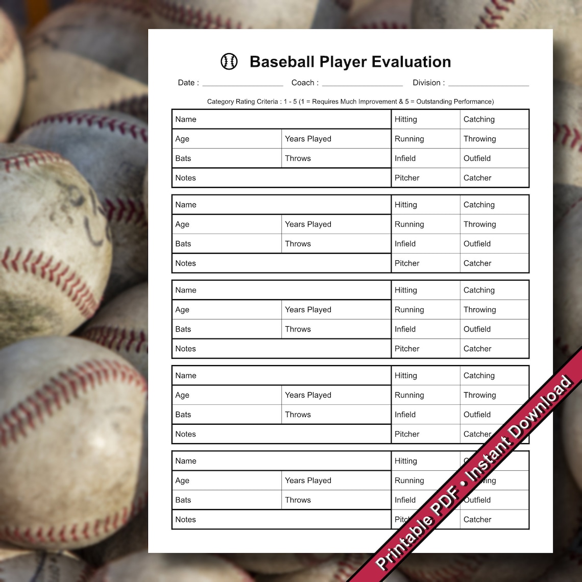 Baseball Player Evaluation (skills Assessment) Form | Printable PDF ...