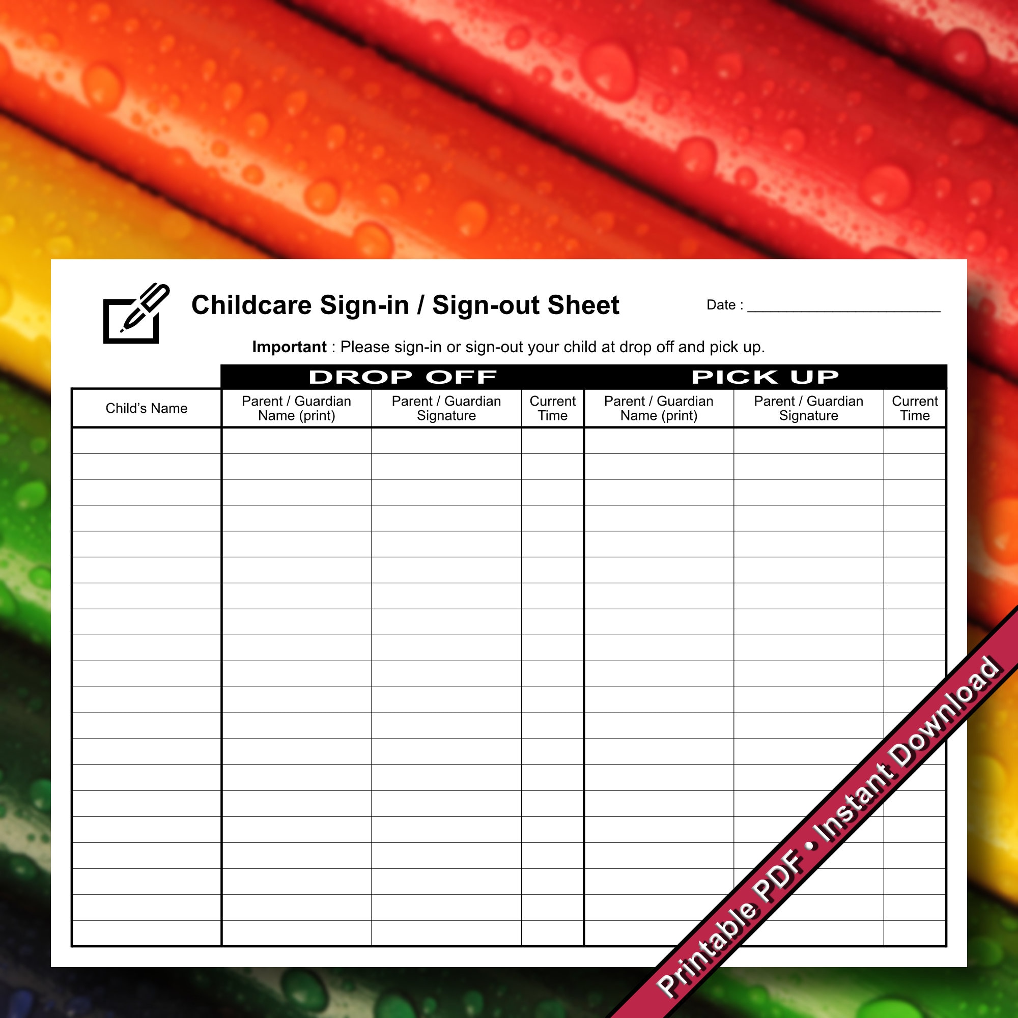 Childcare Sign in / Sign Out Form | Childcare Drop-off / Pick-up Form ...